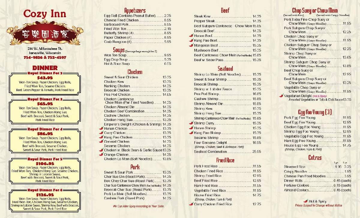 Menu at Cozy Inn Chinese Restaurant, Janesville