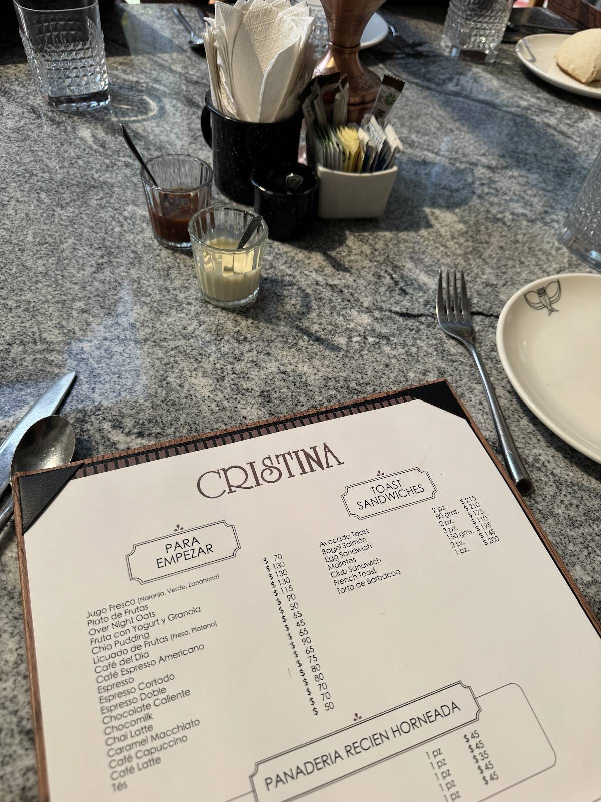 Menu at Cristina restaurant, Zapopan