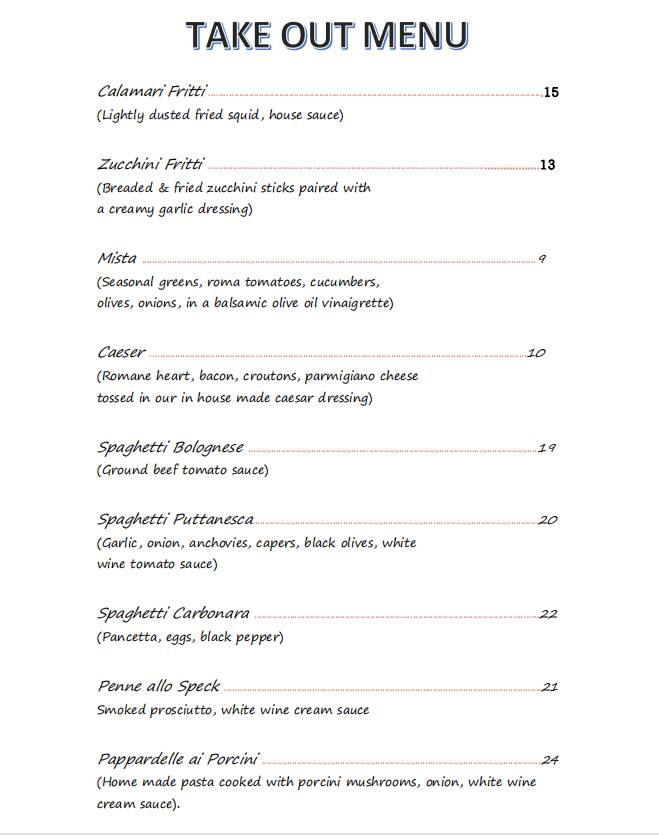 Menu at Cucina da Vito restaurant, Ottawa