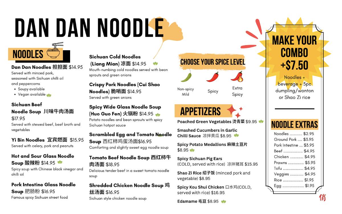 Menu at Dan Dan Noodle restaurant, Vancouver