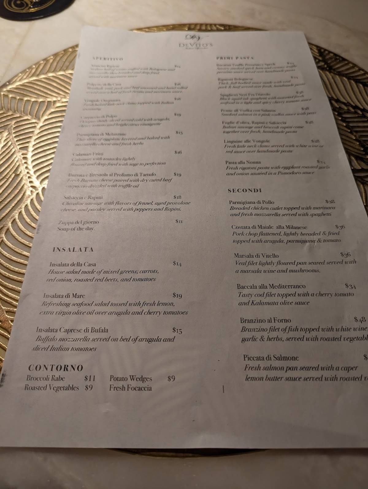 Menu at DeVito's Italian Specialties restaurant, Tampa