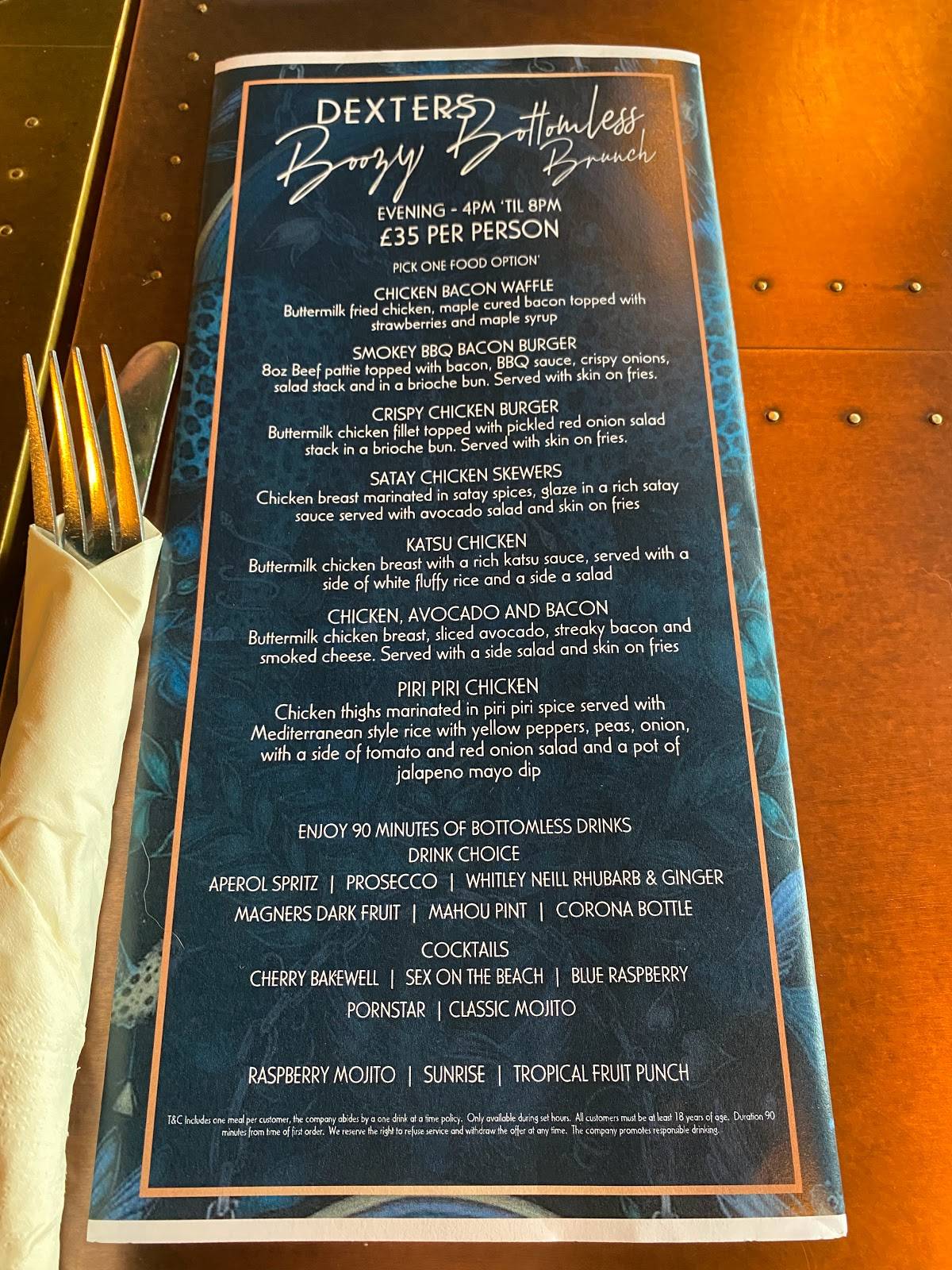 Menu at Dexters restaurant, Hull