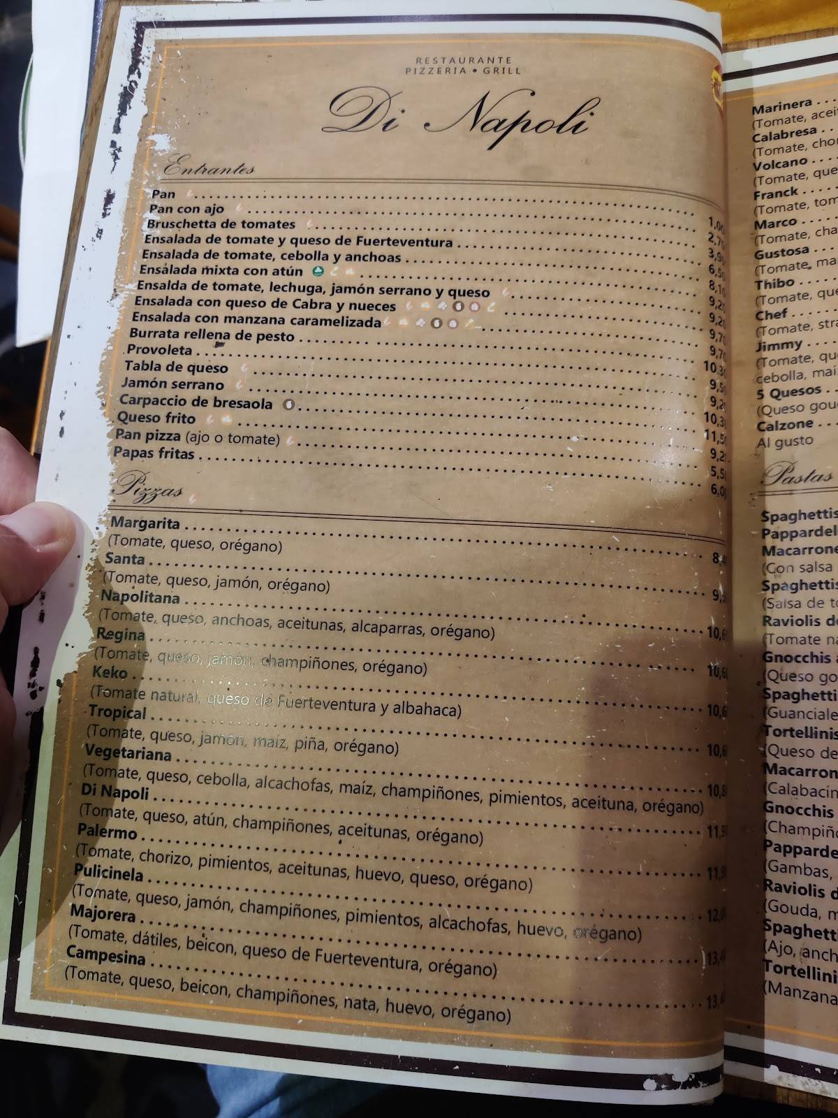 Menu at Di Napoli Restaurante, Corralejo