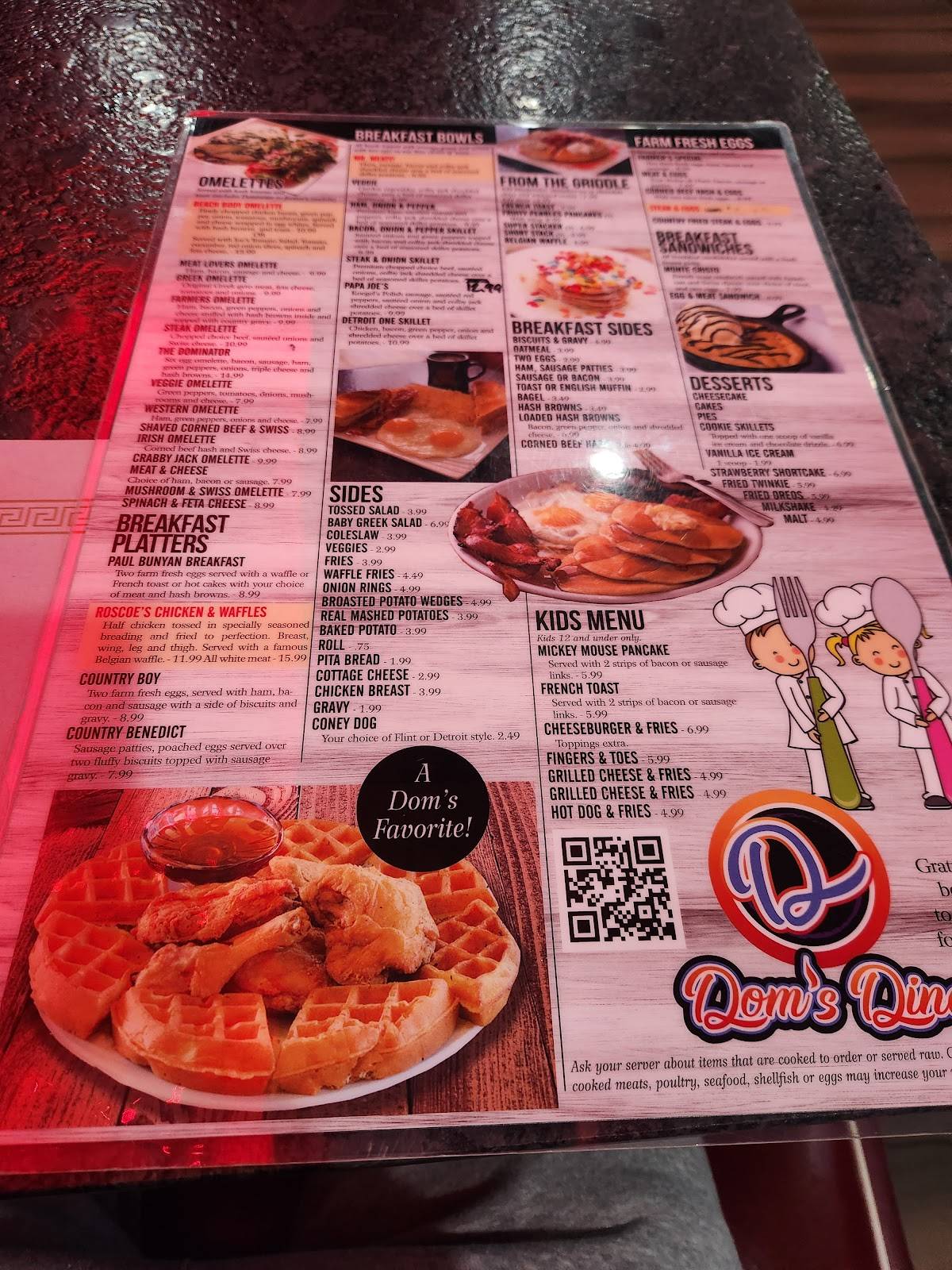 Menu at Dom's Diner restaurant, Flint