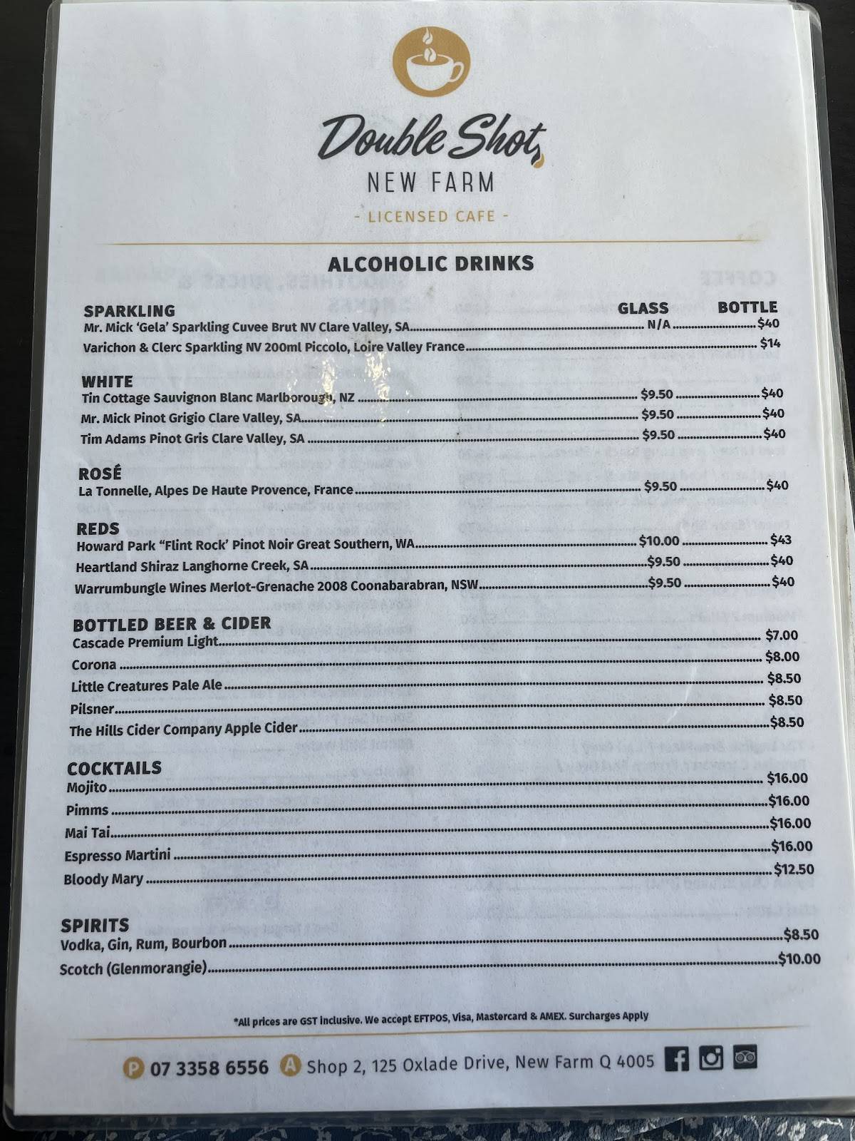 Menu at Double Shot New Farm restaurant, New Farm, 2/125 Oxlade Dr