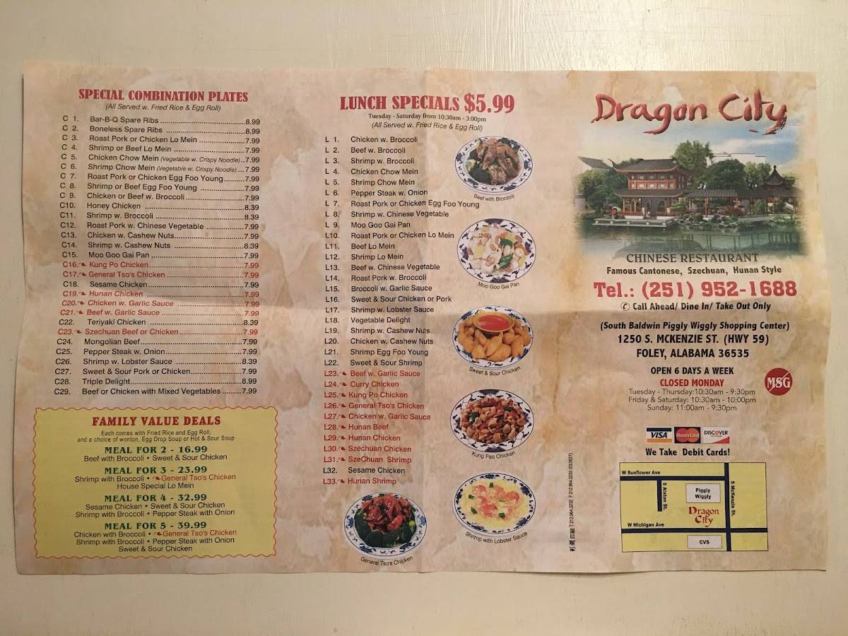 Menu at Dragon City restaurant, Foley