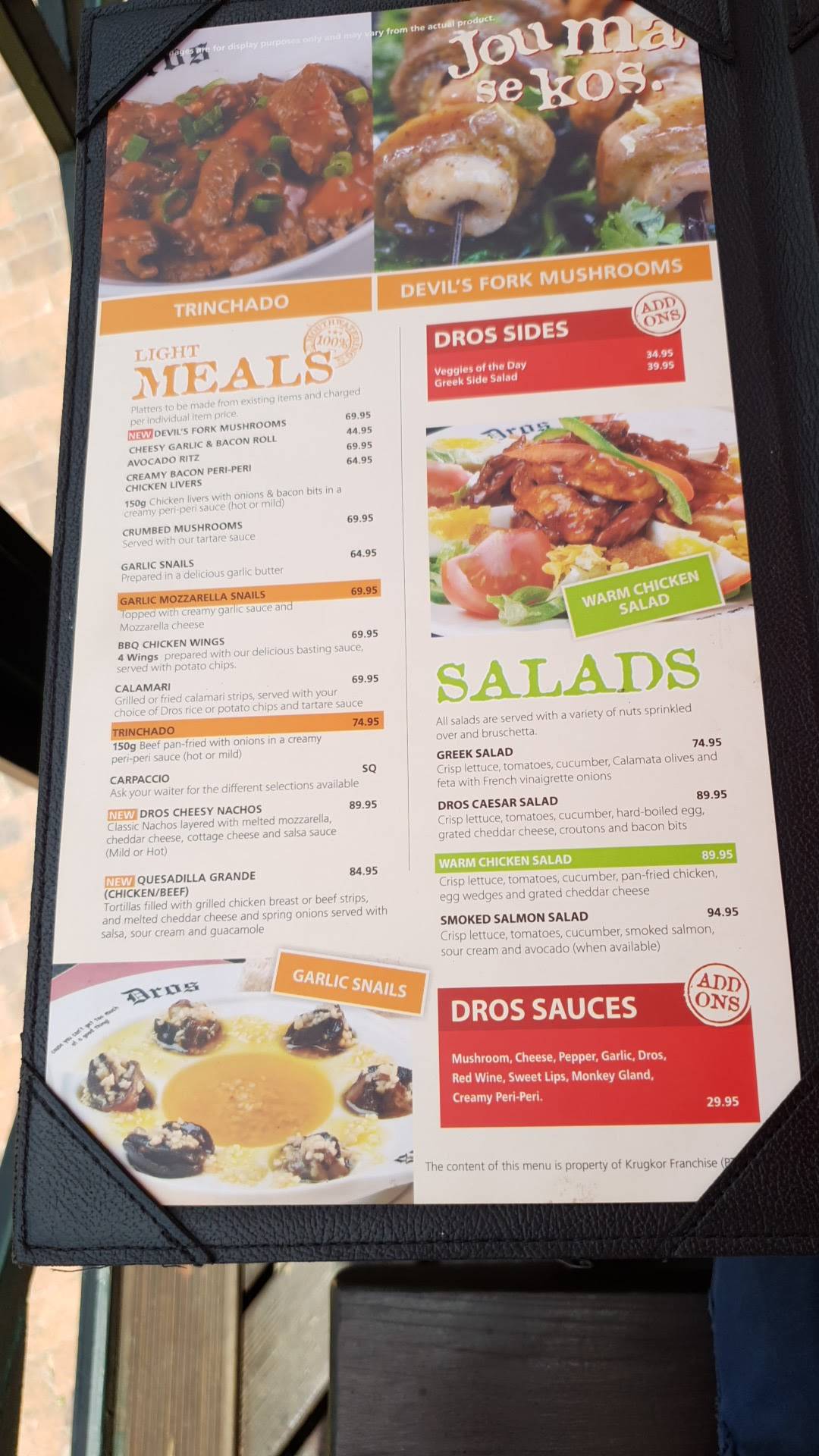 Menu at Dros Secunda restaurant, Secunda