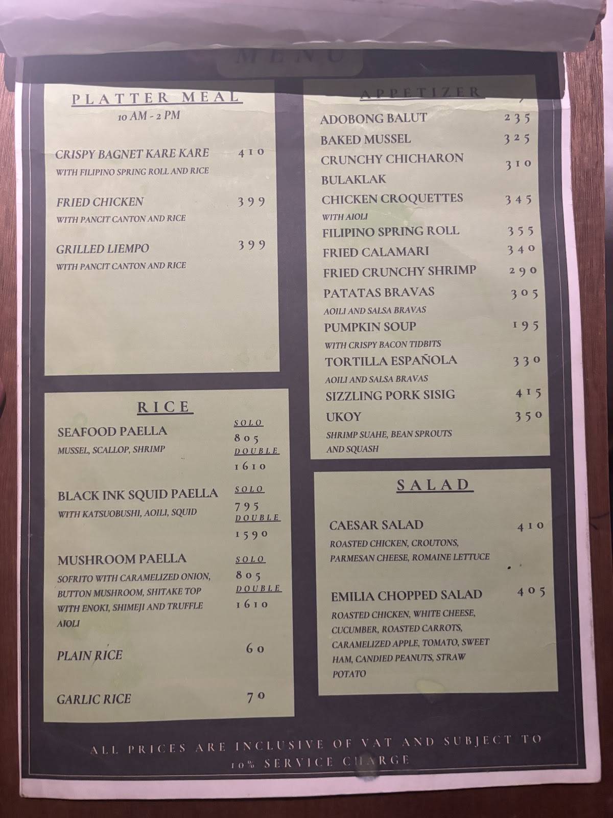 Menu at EMILIA, House of Filipino Food restaurant, Manila