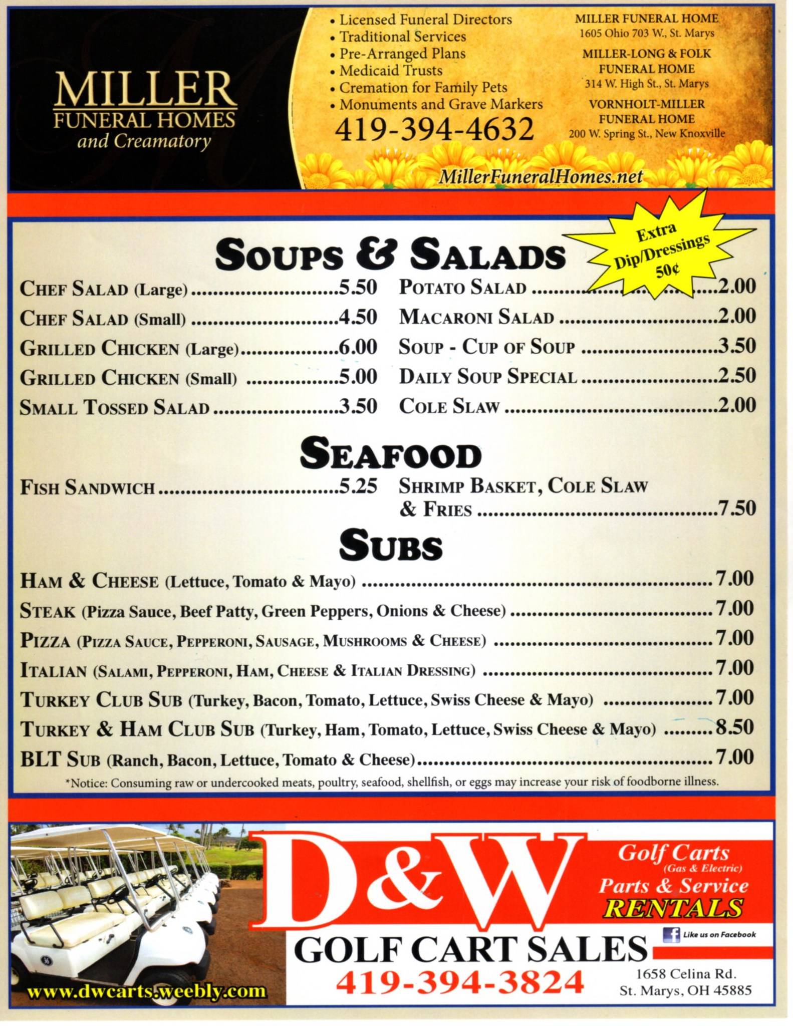 Menu at Eagles Aerie No. 767 restaurant, Saint Marys