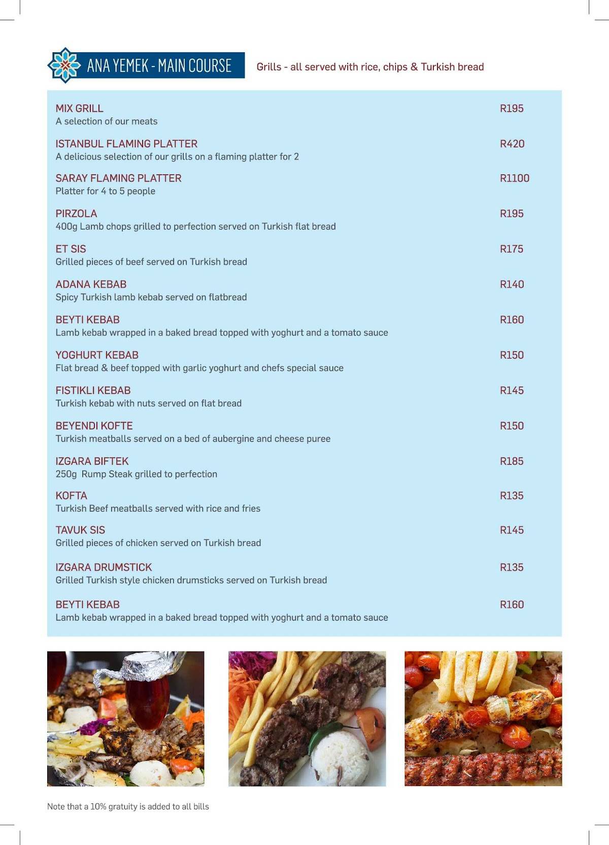 Menu at EatStanbul restaurant, Cape Town