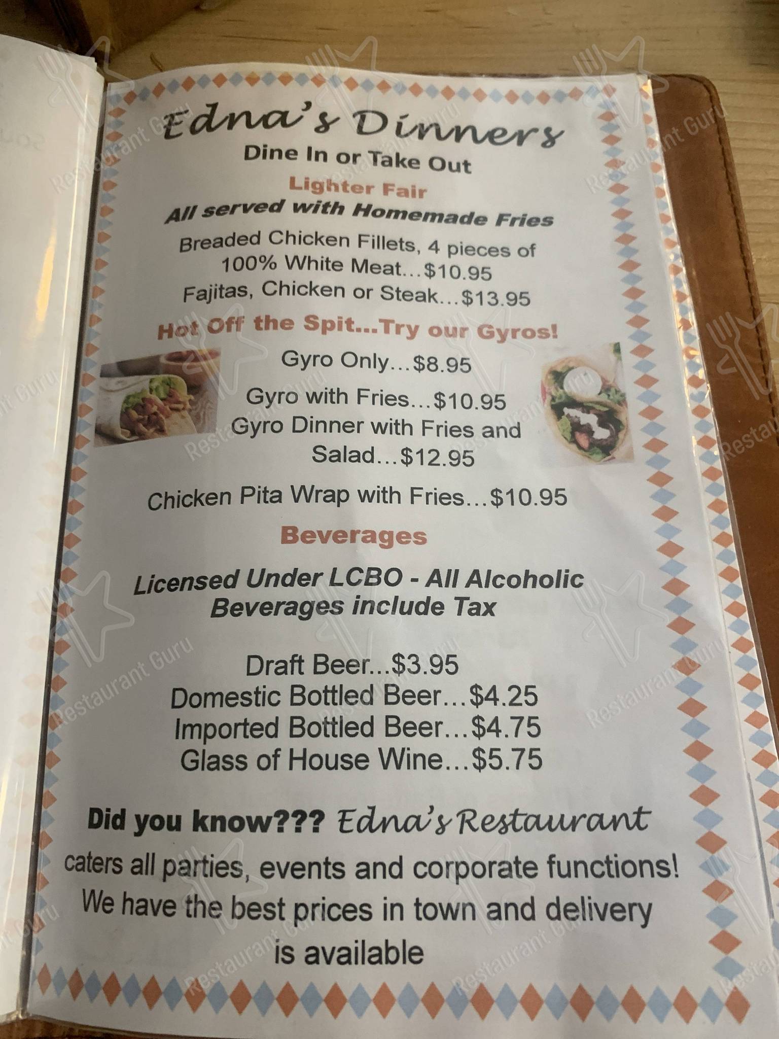 Menu at Edna's Restaurant, Lakeshore