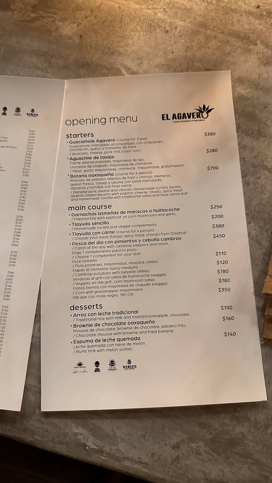 Carta del restaurante El Agavero Cocina Ancestral & Mezcaleria, Tulum