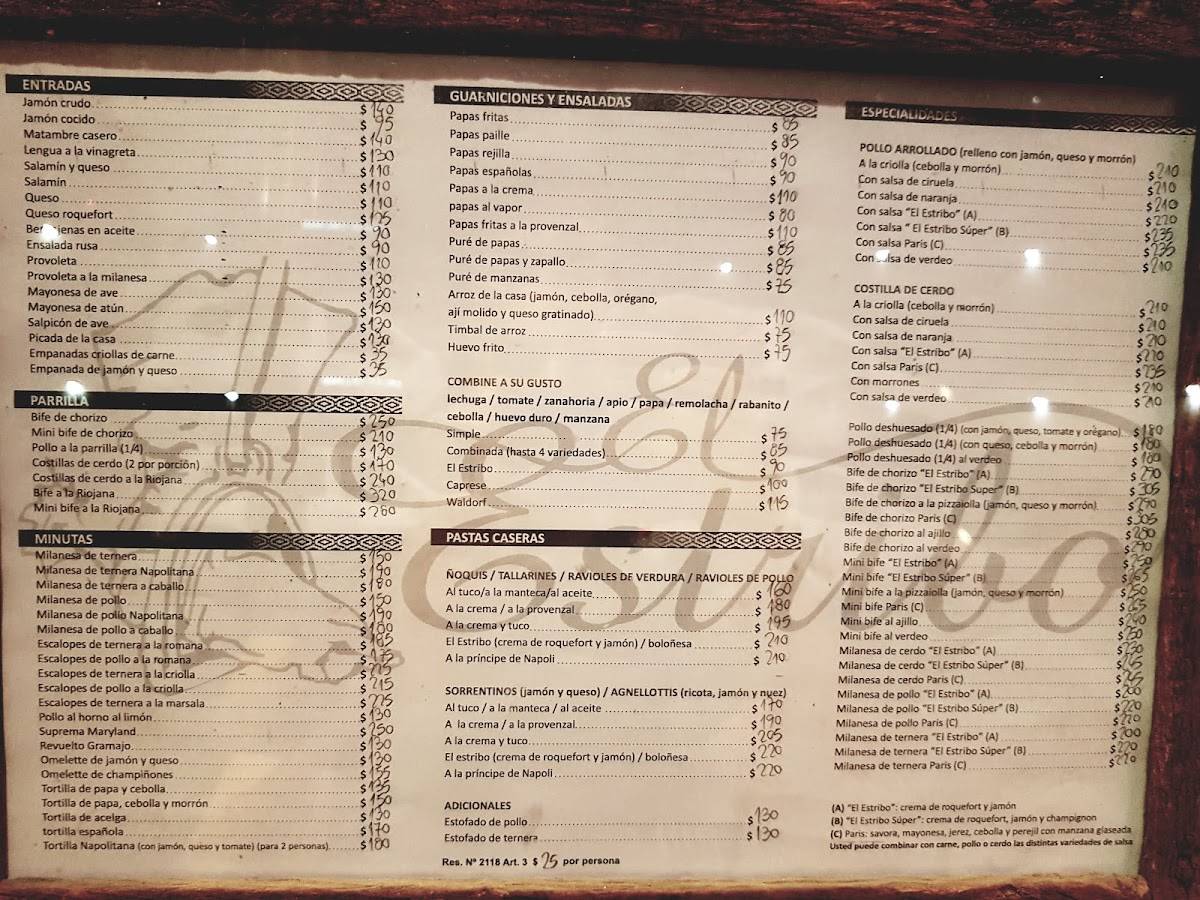 Carta de Restaurant El Estribo, Tandil