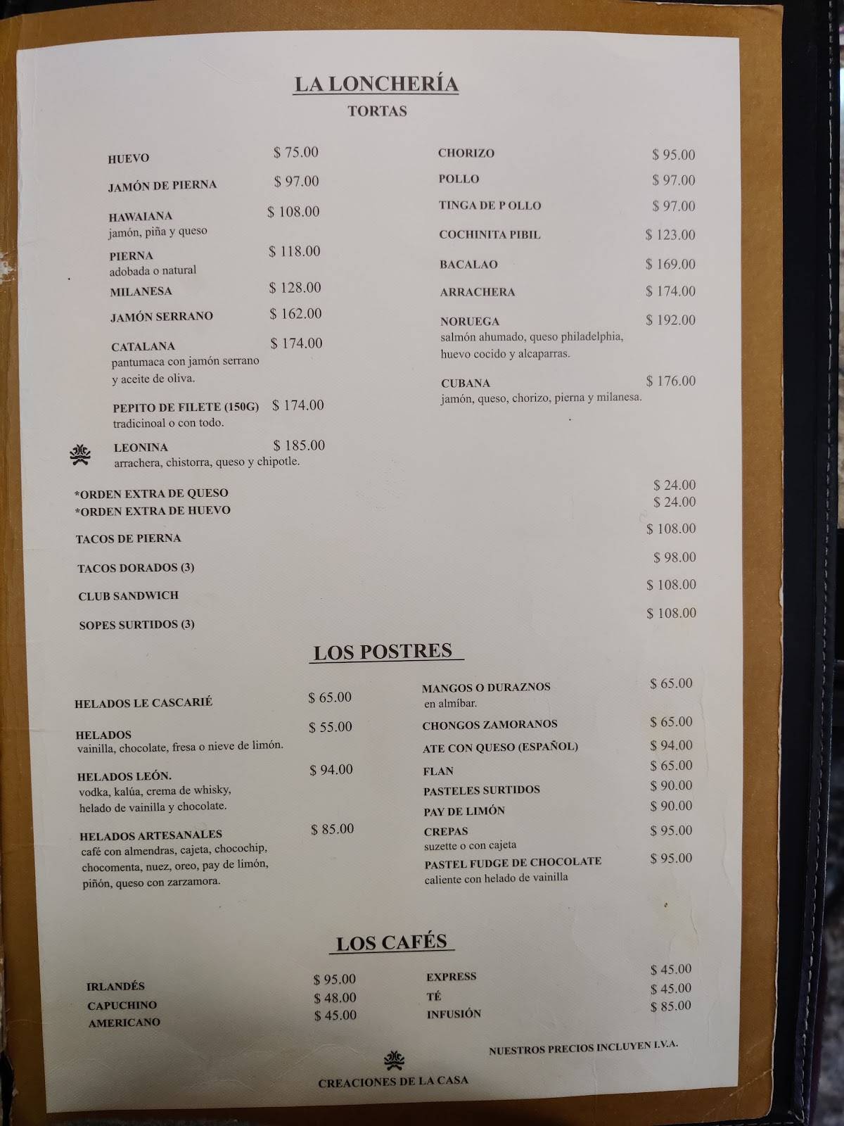 Carta del restaurante El Gran León del Oro, Ciudad del México, C ...