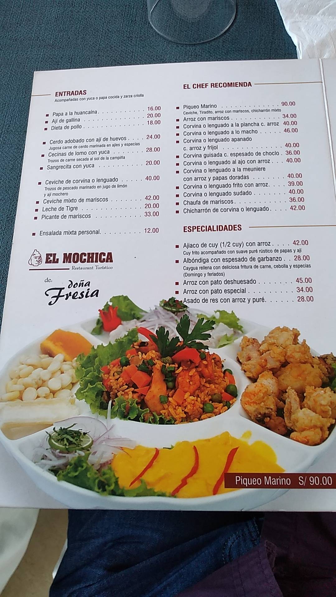 Carta del restaurante El Mochica, Huanchaco, Avenida La Marina 211