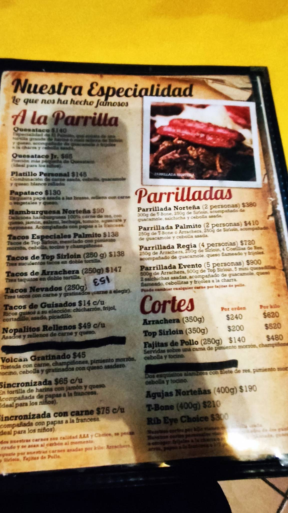 Carta de El Palmito Restaurant tacos, Monterrey