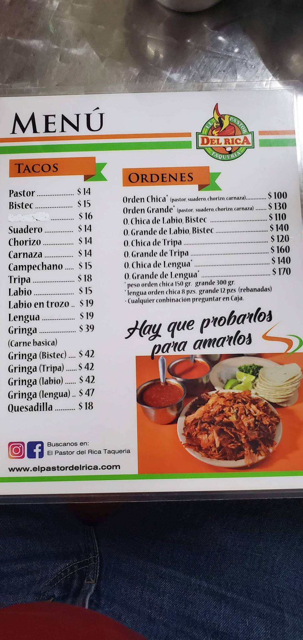 Carta del restaurante El Pastor del Rica, Zapopan