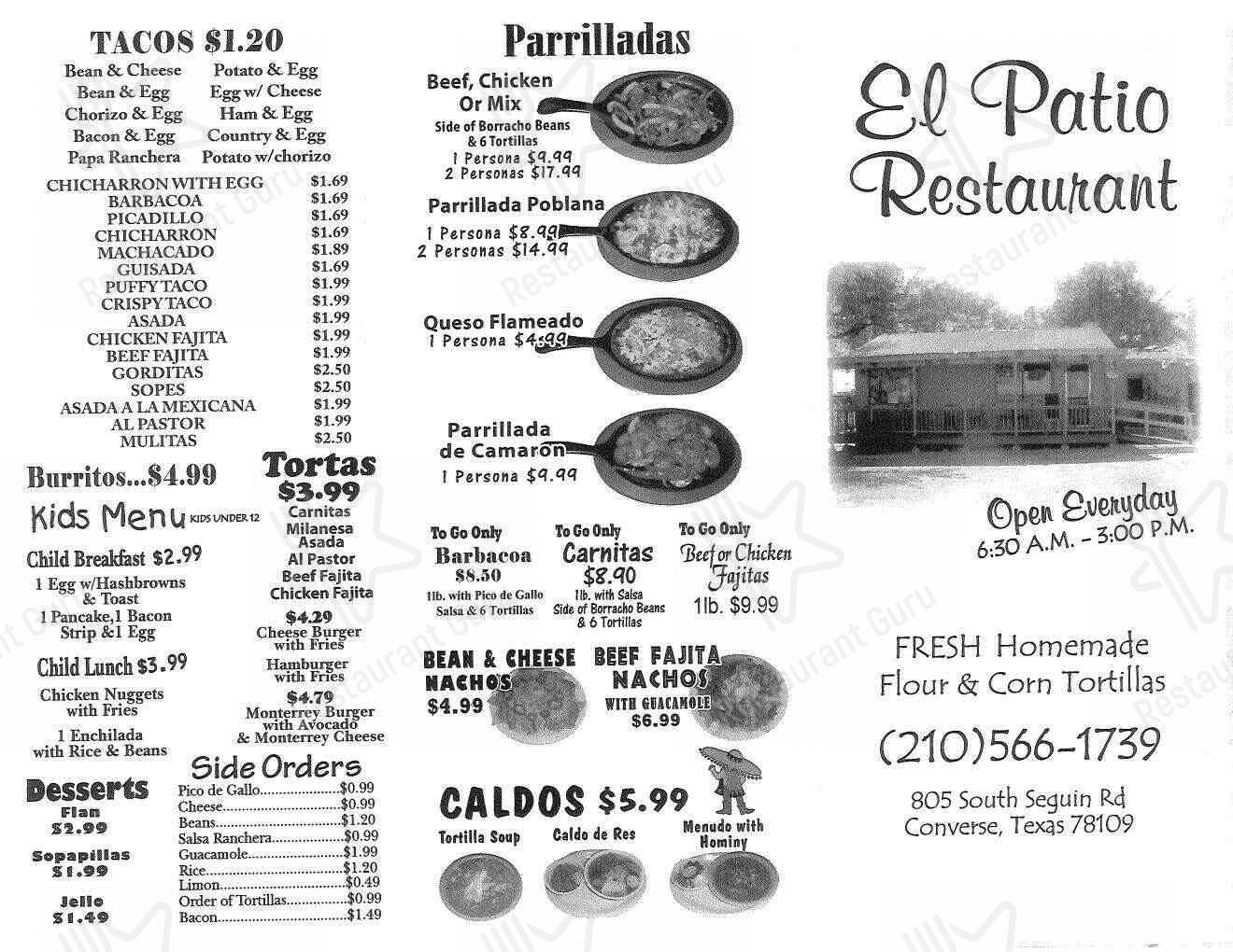 Menu at El Patio Taqueria restaurant, Converse