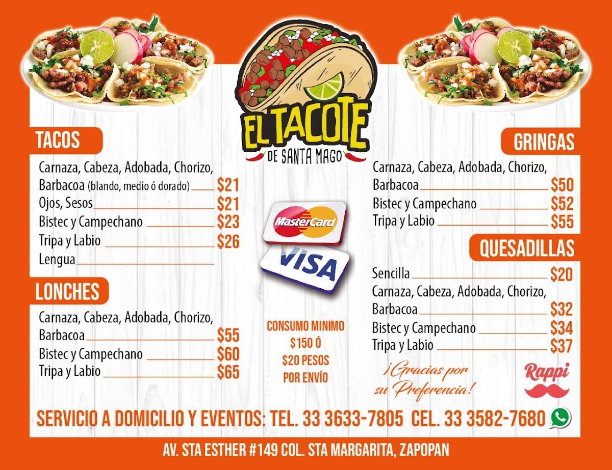 Carta del restaurante El Tacote, Zapopan, Sta. Esther 149