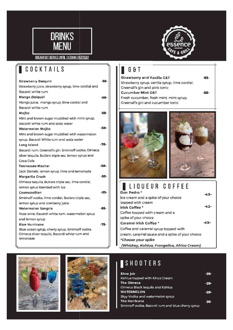 Menu at Essence. restaurant, Pietermaritzburg