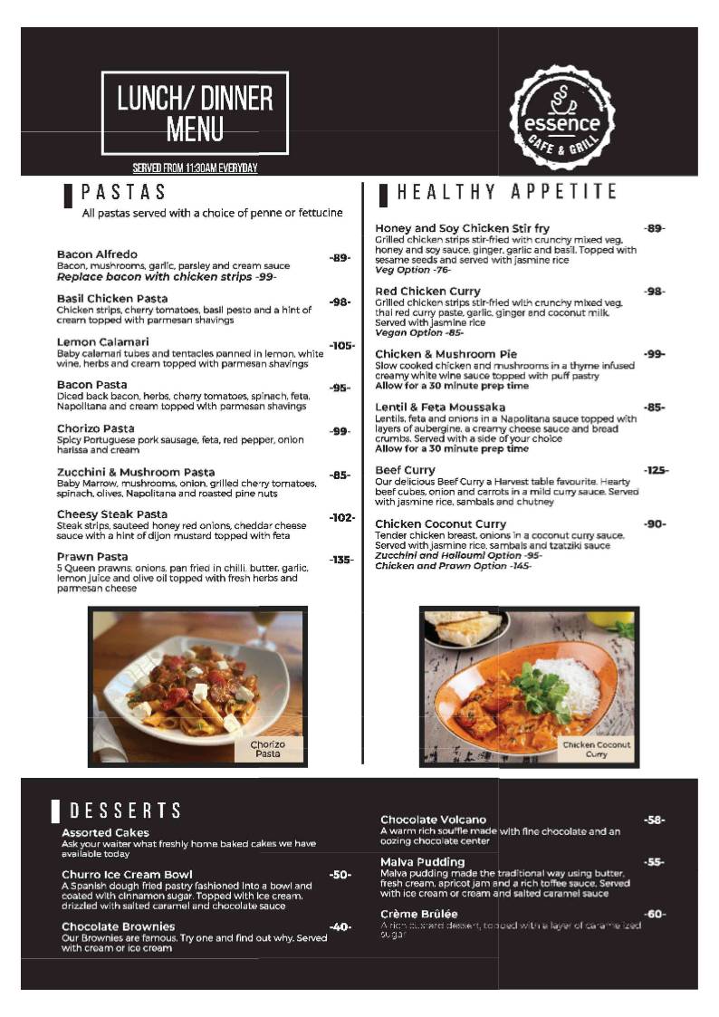 Menu at Essence. restaurant, Pietermaritzburg