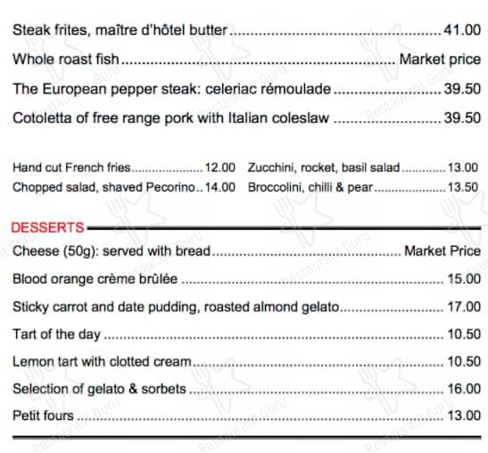 Menu at The European restaurant, Melbourne