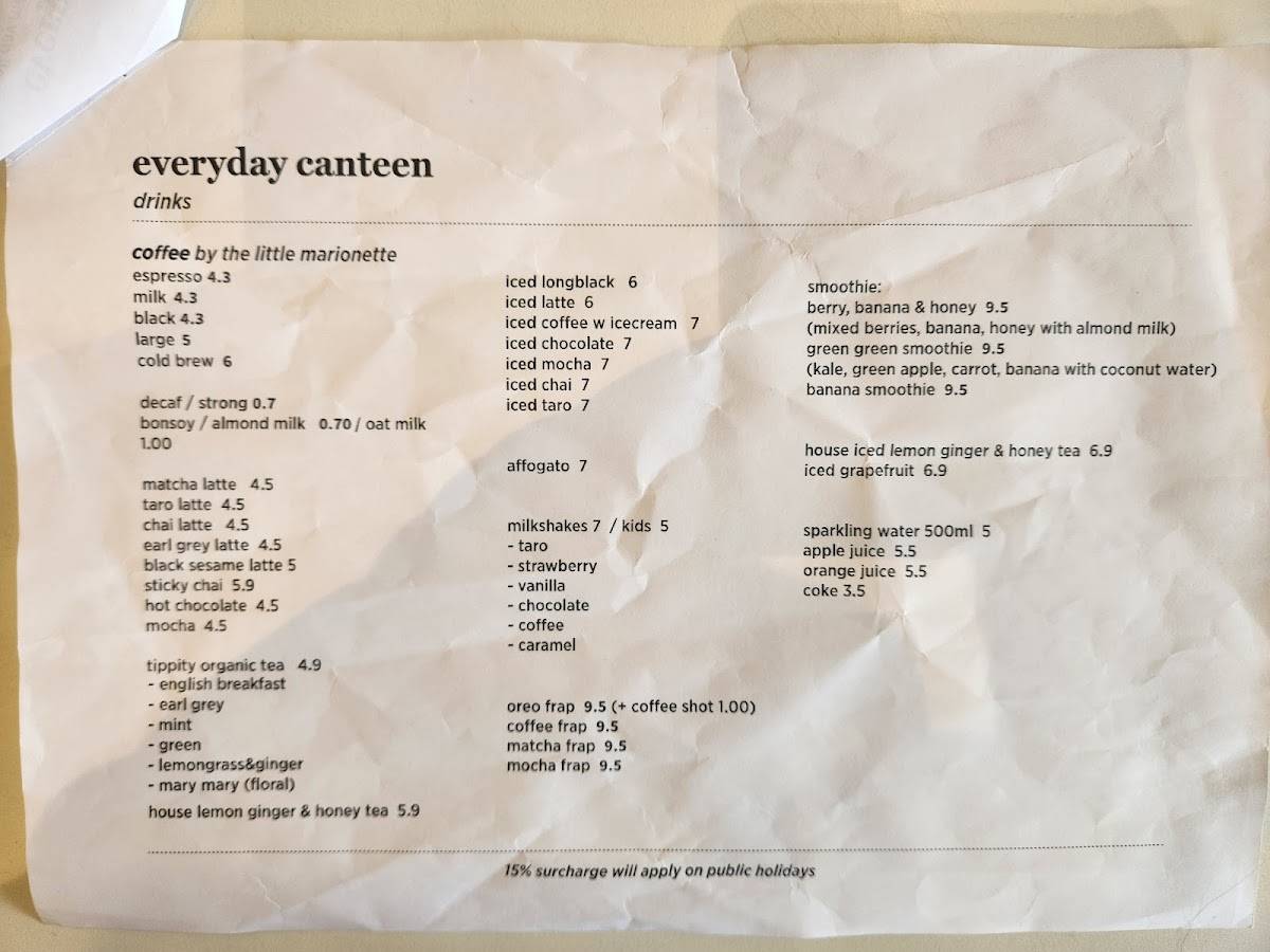 Menu at Everyday Canteen restaurant, Artarmon