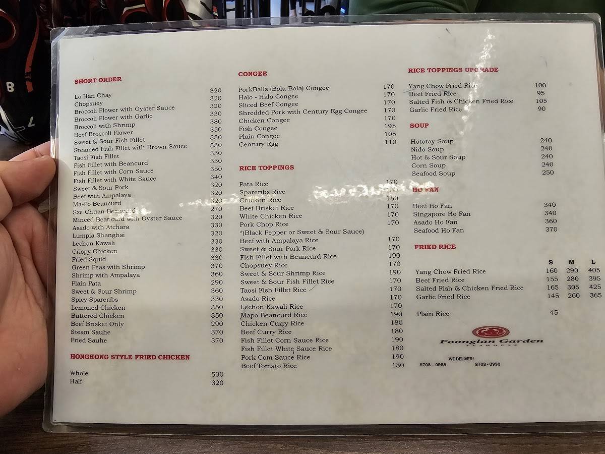 Menu at FOONG LAN GARDEN restaurant, Philippines