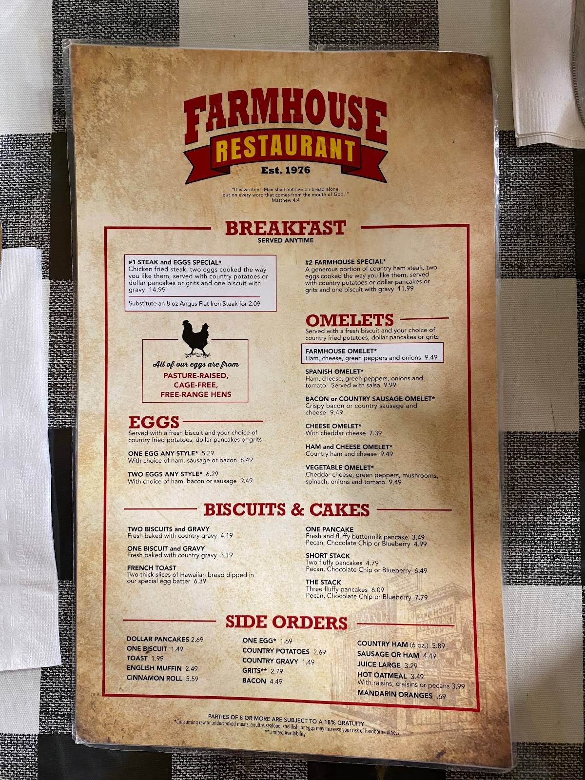 Menu at Farmhouse Restaurant, Branson
