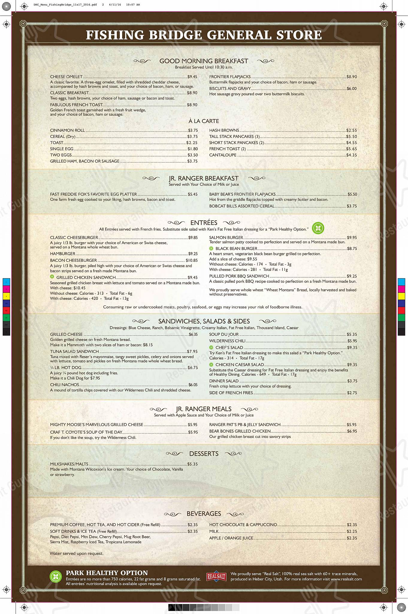 Menu at Fishing Bridge General Store restaurant, USA