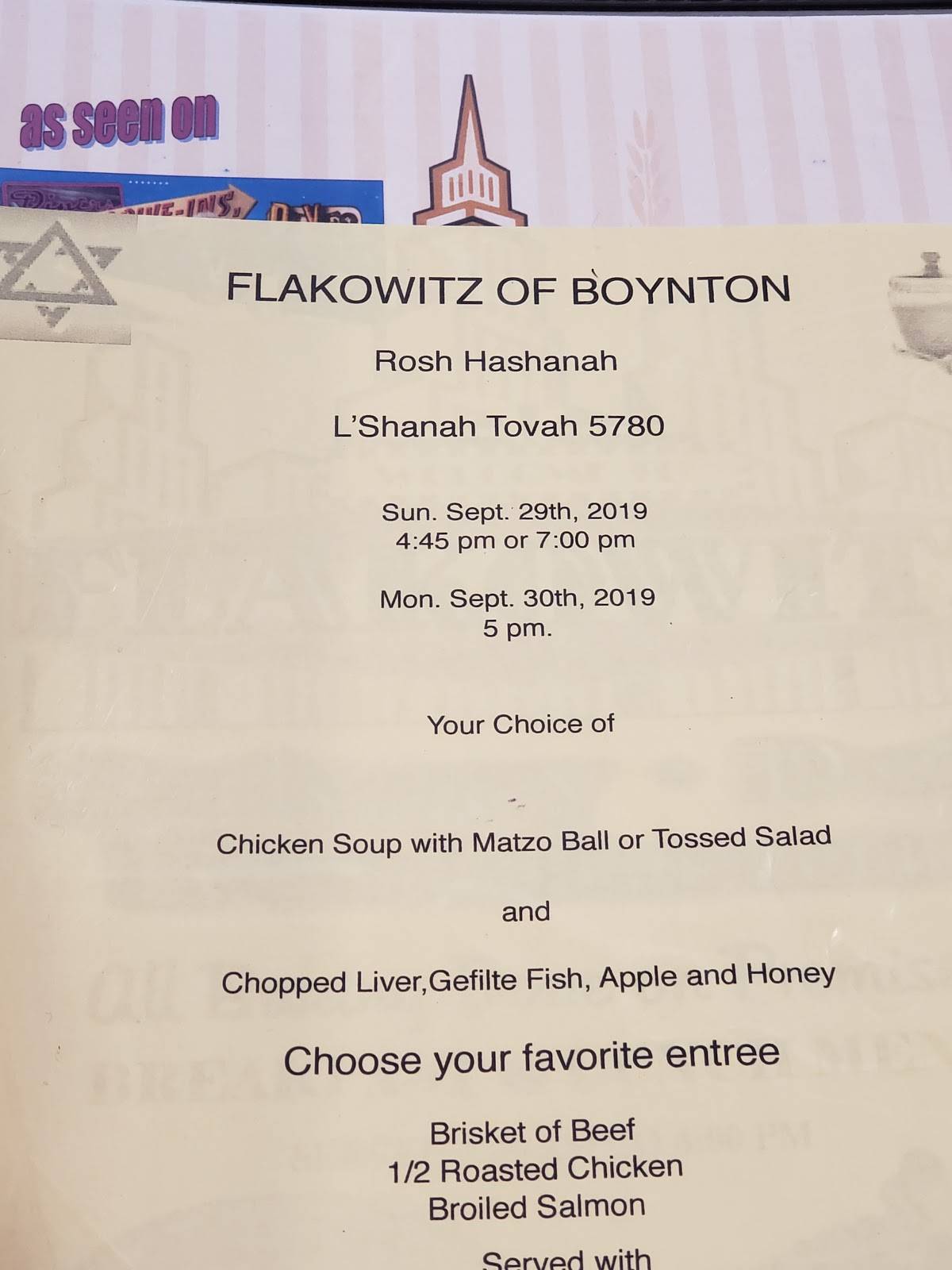 Menu at Flakowitz of Boynton restaurant, Delray Beach