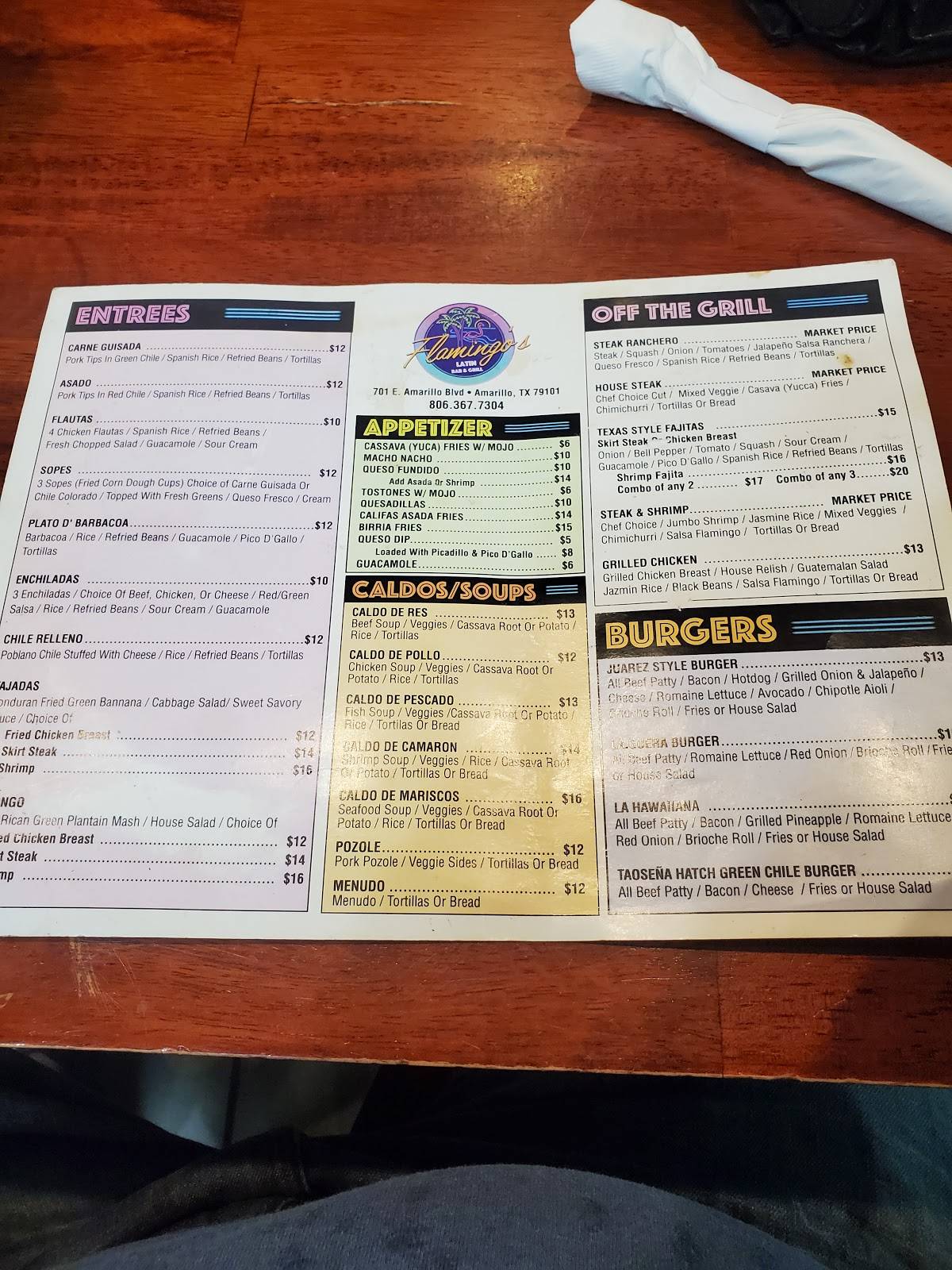Menu at Flamingos Latin bar and grill, Amarillo
