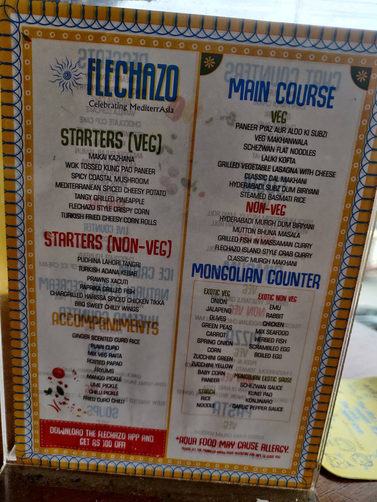 Menu at Flechazo Gachibowli, Hyderabad, Gachibowli Flyover