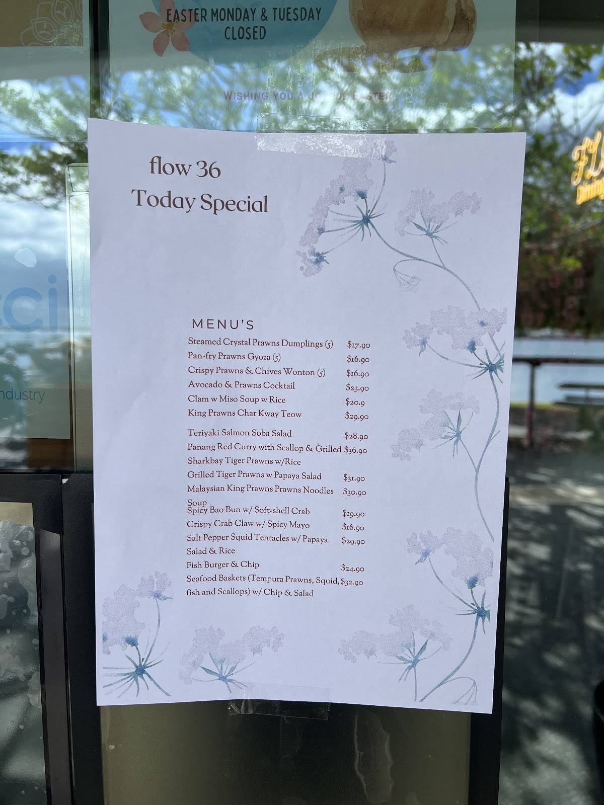 Menu at Flow 36 restaurant, Bunbury