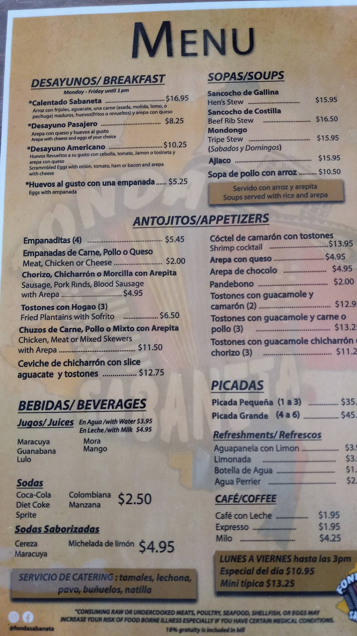 Menu at Fonda Sabaneta restaurant, Miami