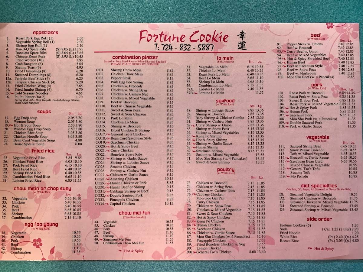 Menu at Fortune Cookie restaurant, Greensburg, 402 E Pittsburgh St