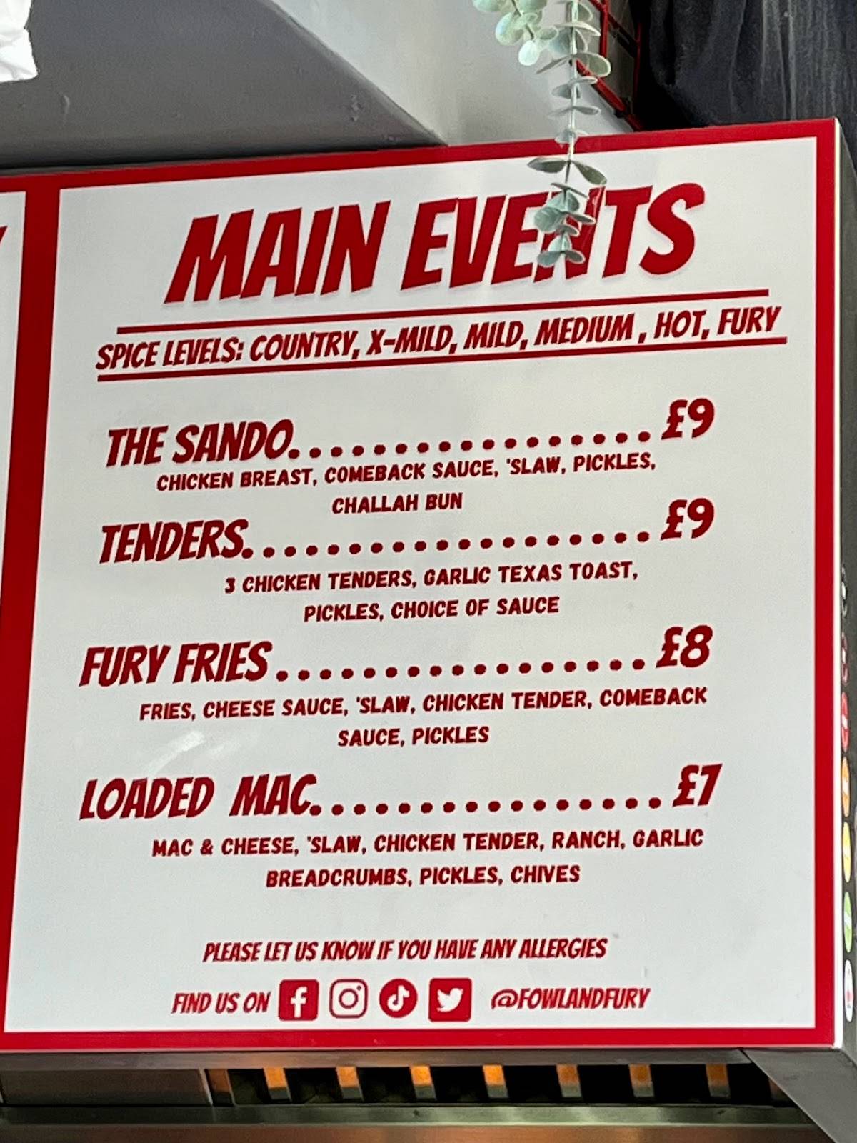Menu at Fowl & Fury Cathays restaurant, Cardiff