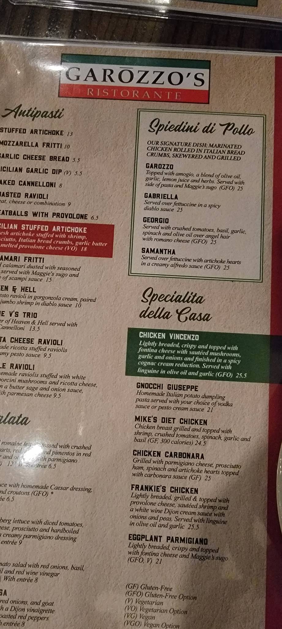 Menu at Garozzo's Downtown restaurant, Kansas City
