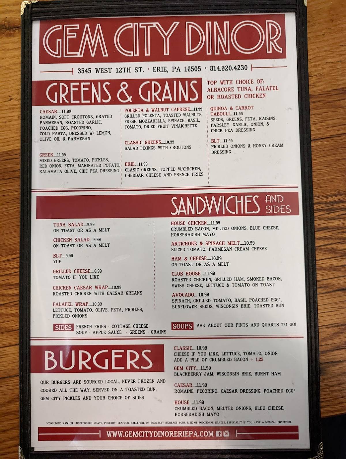 Menu at Gem City Dinor restaurant, Erie