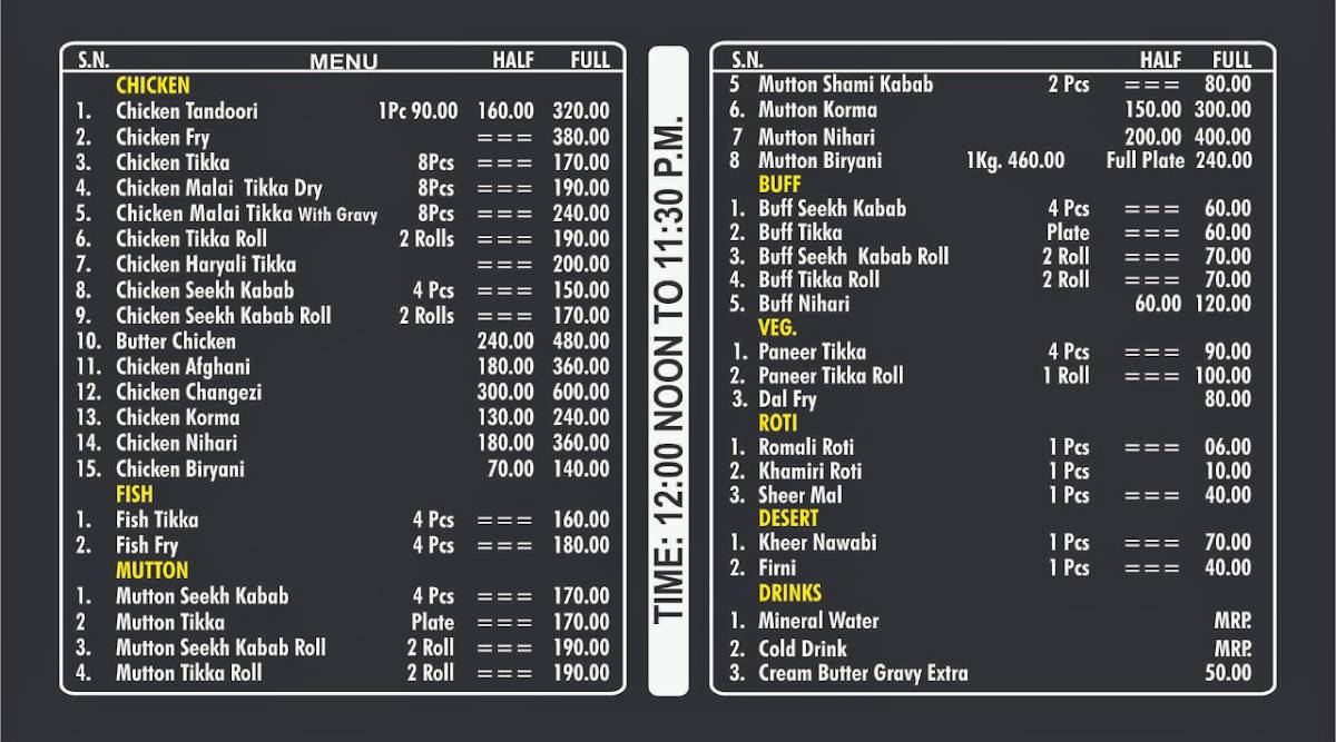Menu at Ghalib Kabab Corner, New Delhi