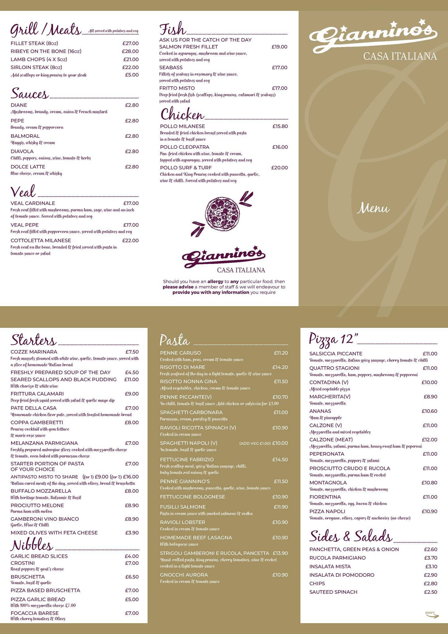 Menu at Gianninos restaurant, Broxburn
