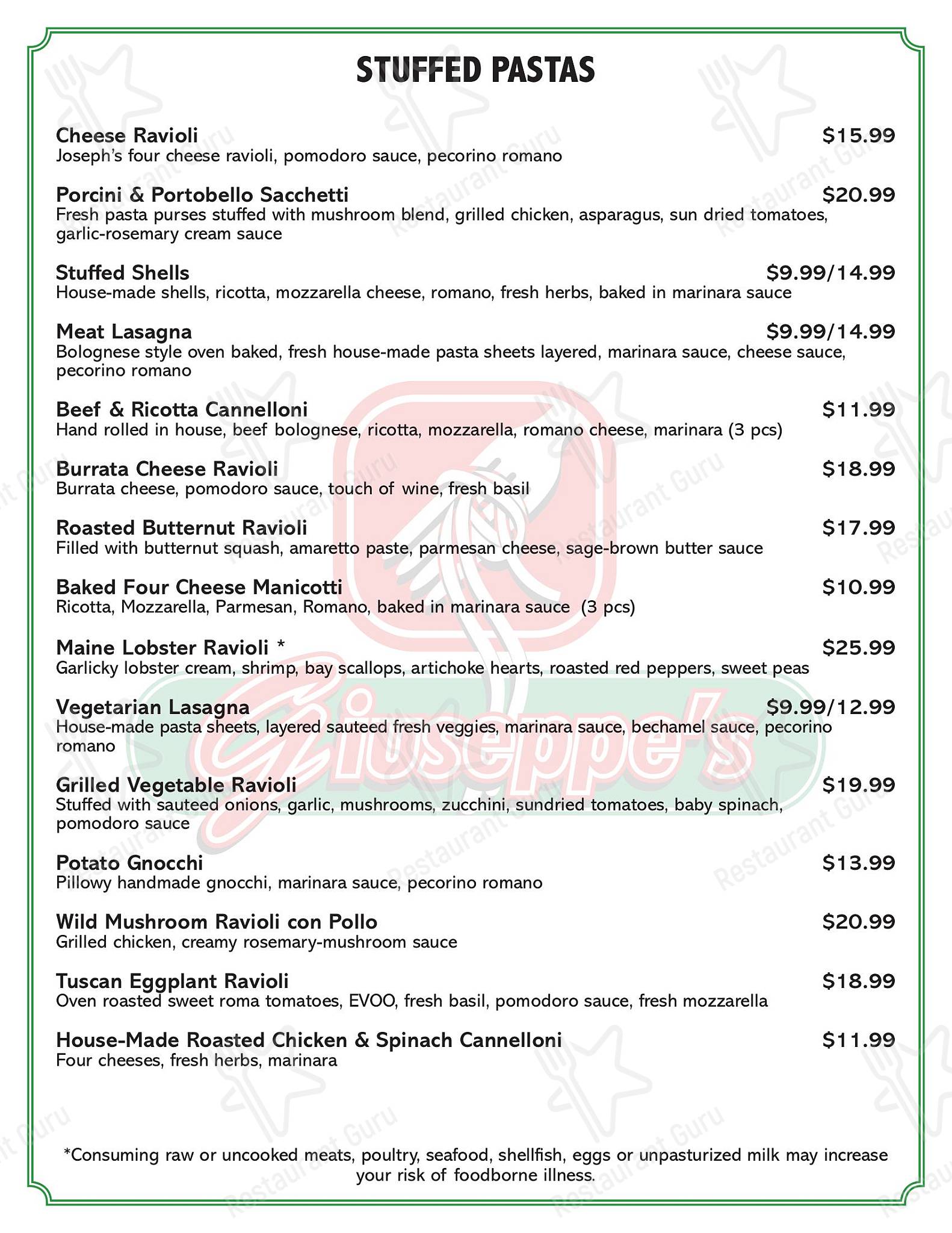 Menu at Giuseppe's restaurant, Newburyport