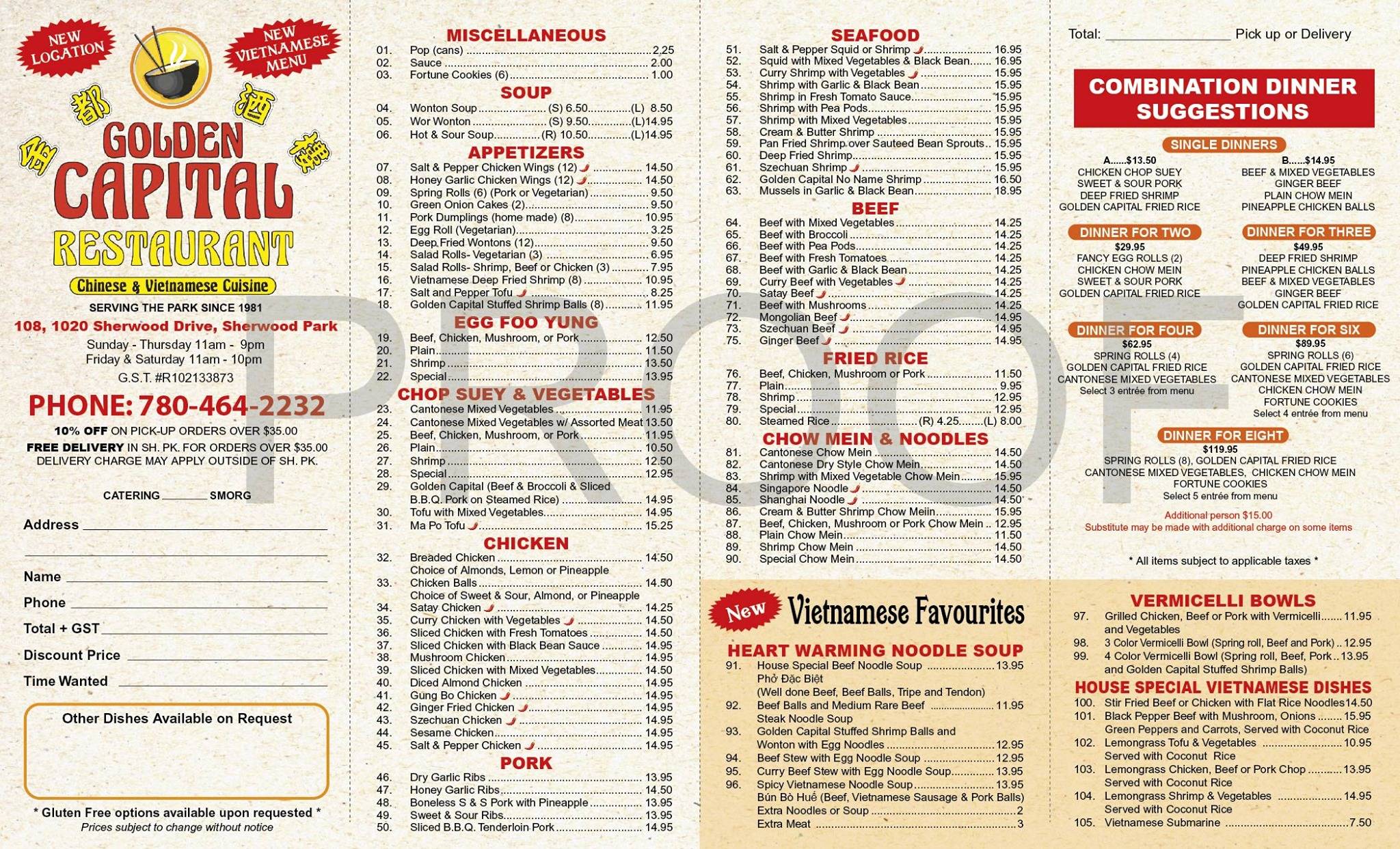 Menu at Golden Capital Restaurant, Sherwood Park