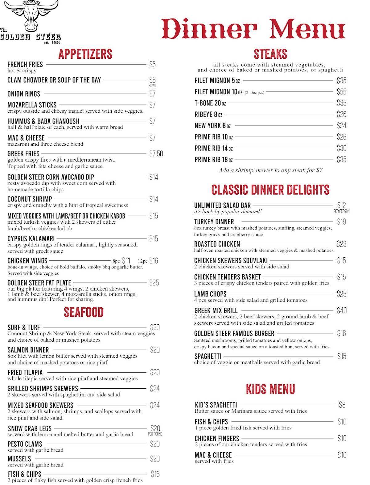 Menu at Golden Steer Steak 'n Seafood restaurant, Kent