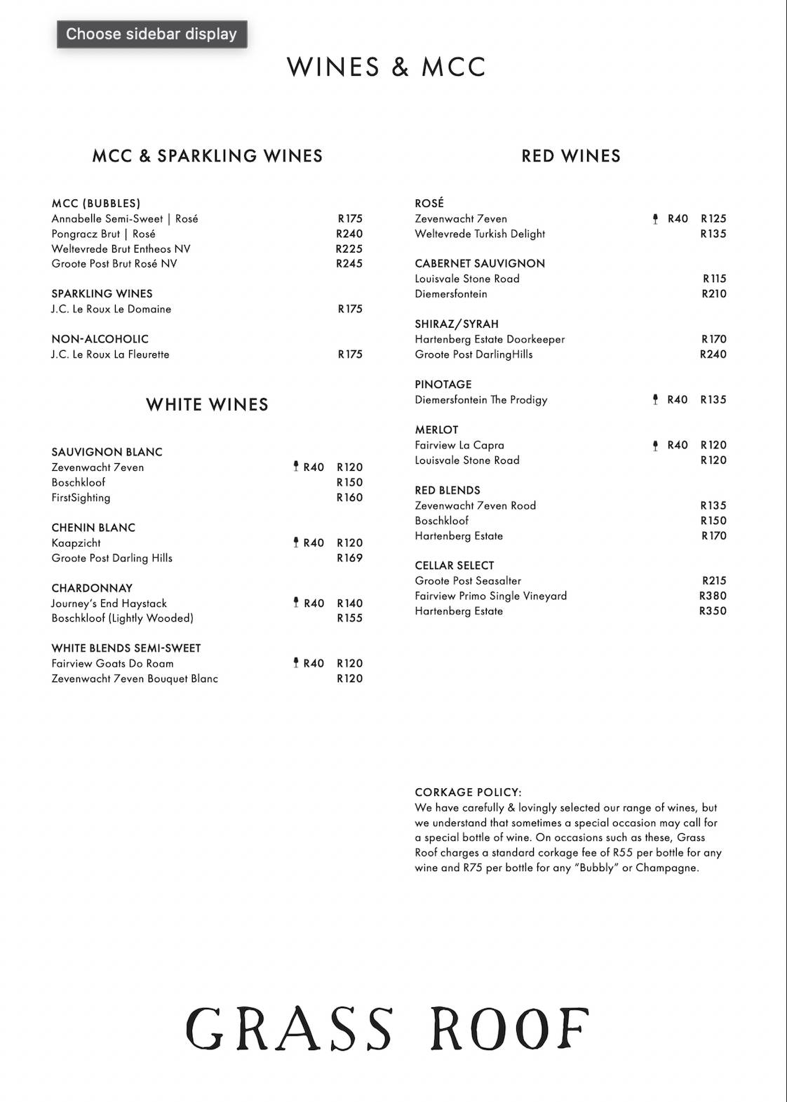 Menu at Grass Roof restaurant, Port Elizabeth