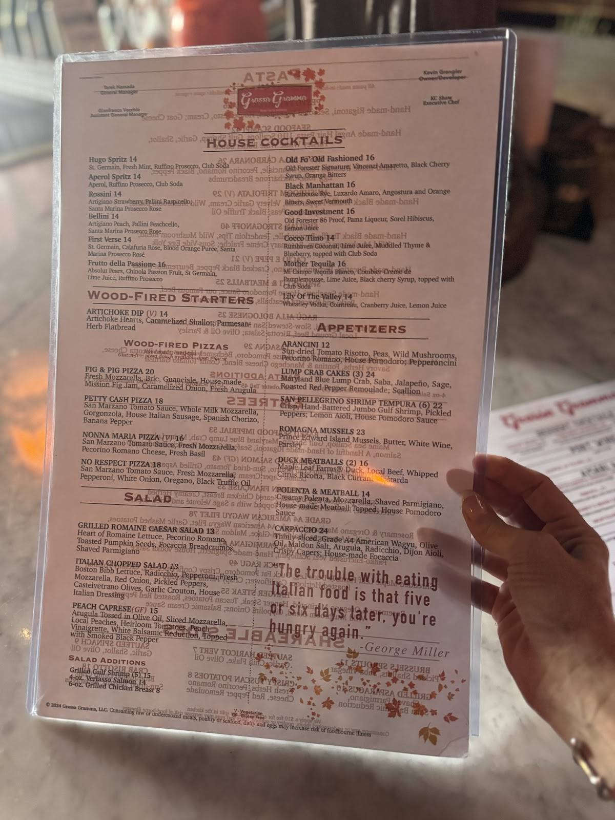 Menu at Grassa Gramma restaurant, Louisville
