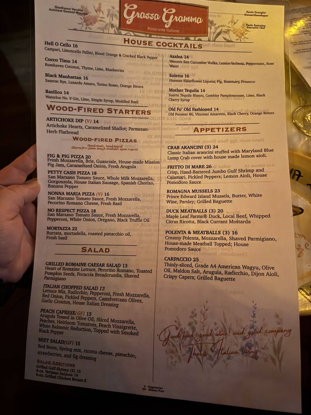 Menu at Grassa Gramma restaurant, Louisville