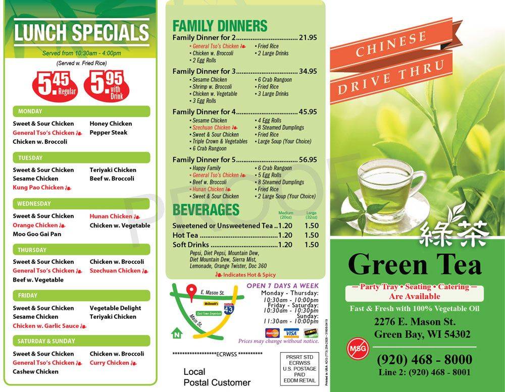 Menu at Green Tea Chinese Drive Thru restaurant, Green Bay, E Mason St