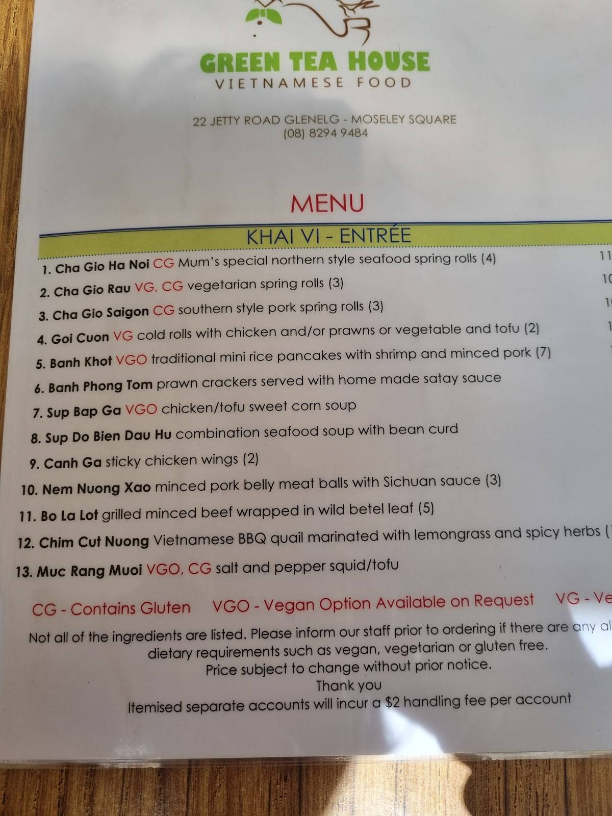 Menu at Green Tea House restaurant, Glenelg