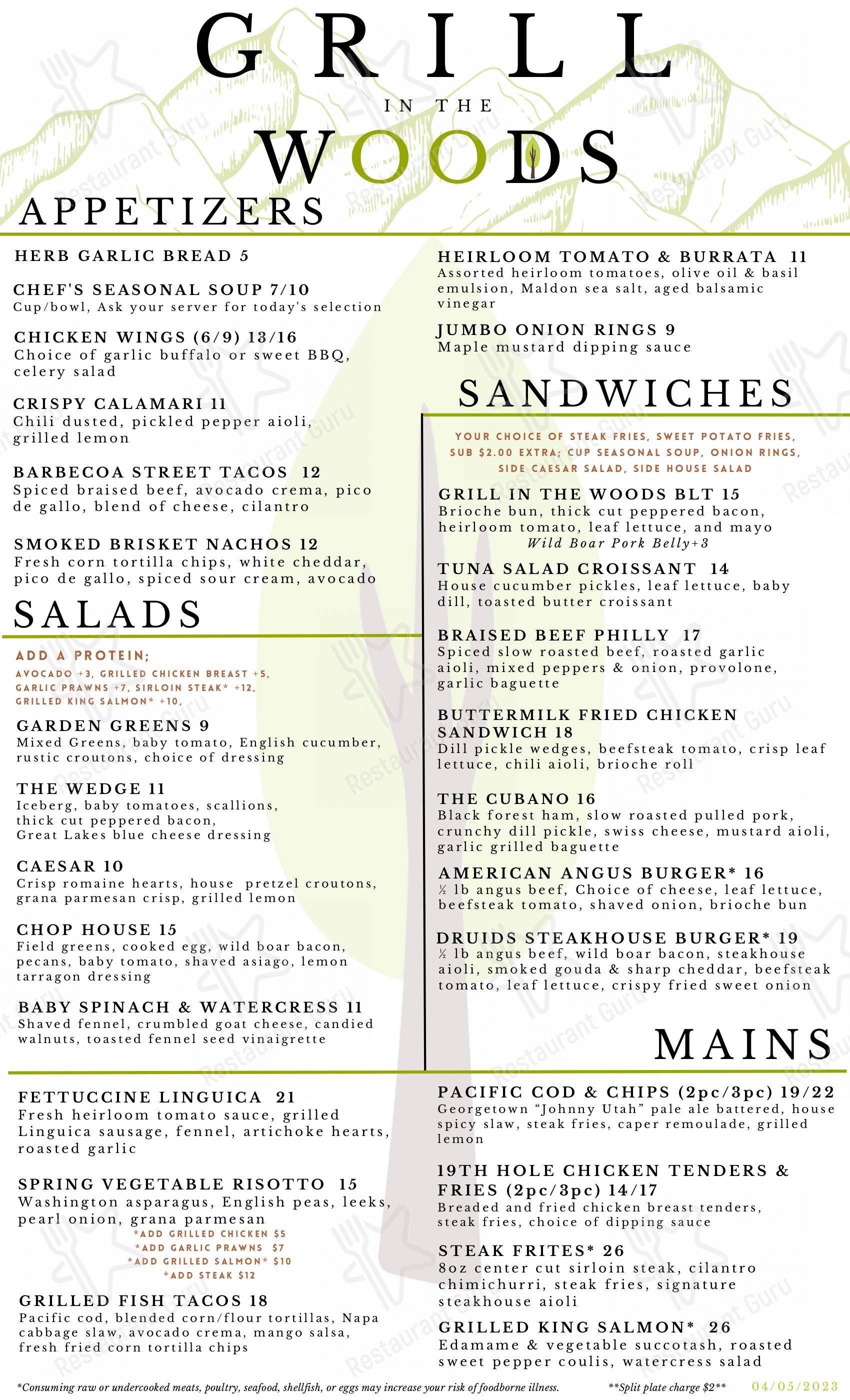 Menu at Grill In The Woods restaurant, Covington